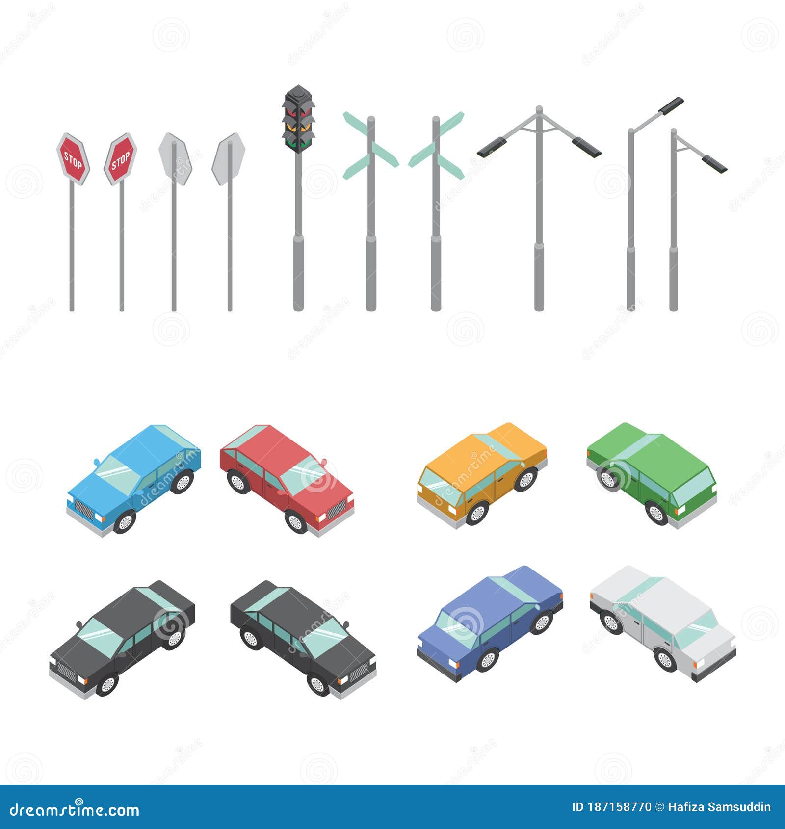 Isometric Cars and Poles. Vector Illustration Decorative Design Stock ...