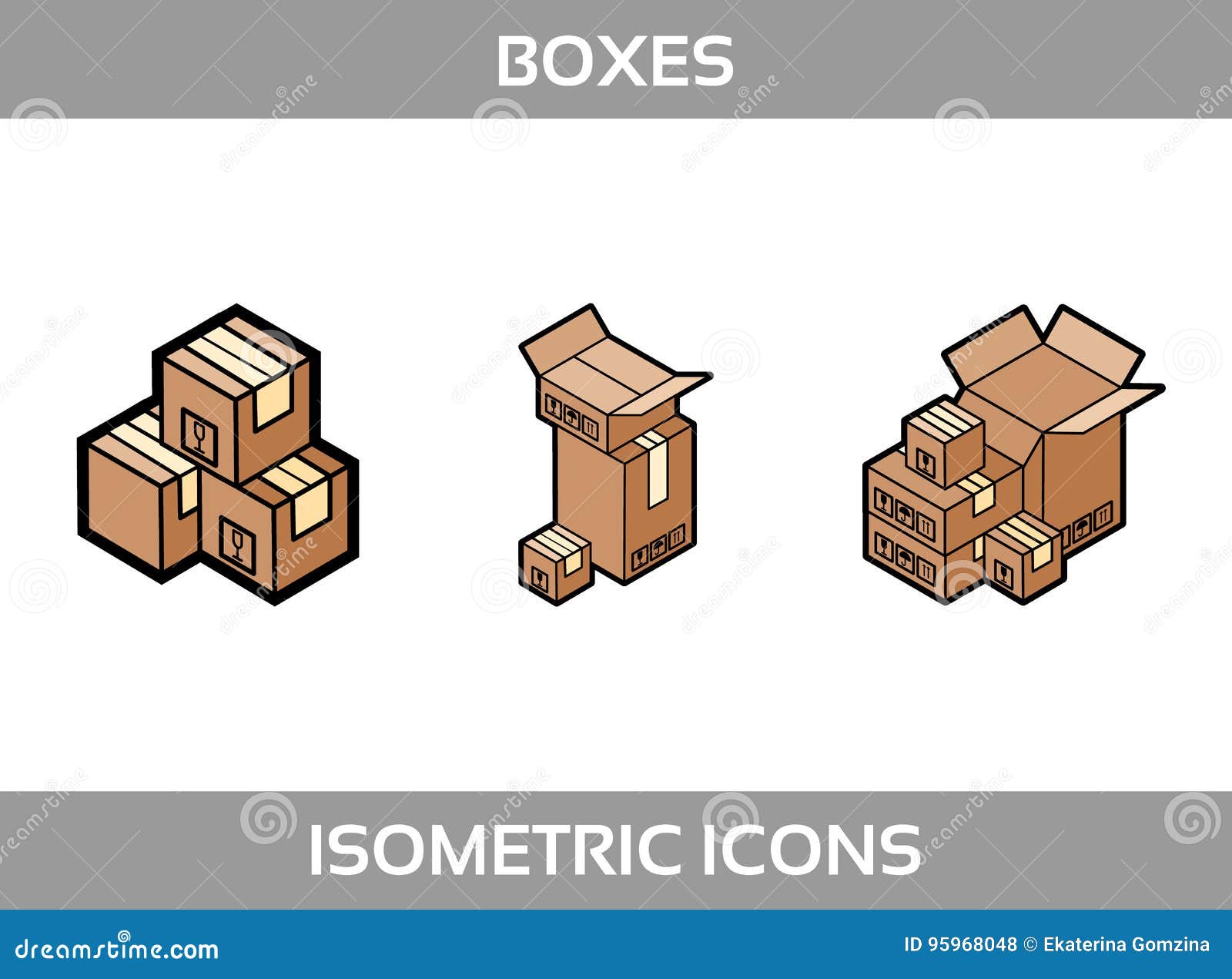 Isometric Carton Packaging Boxes Set in Three Styles with Postal Signs ...