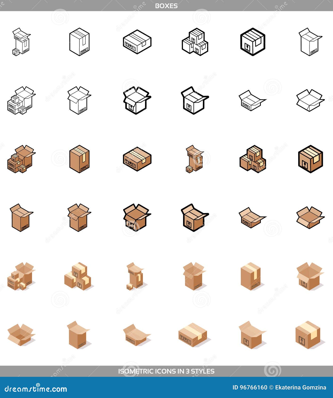 Isometric Carton Packaging Boxes Set in Three Styles with Postal Signs ...