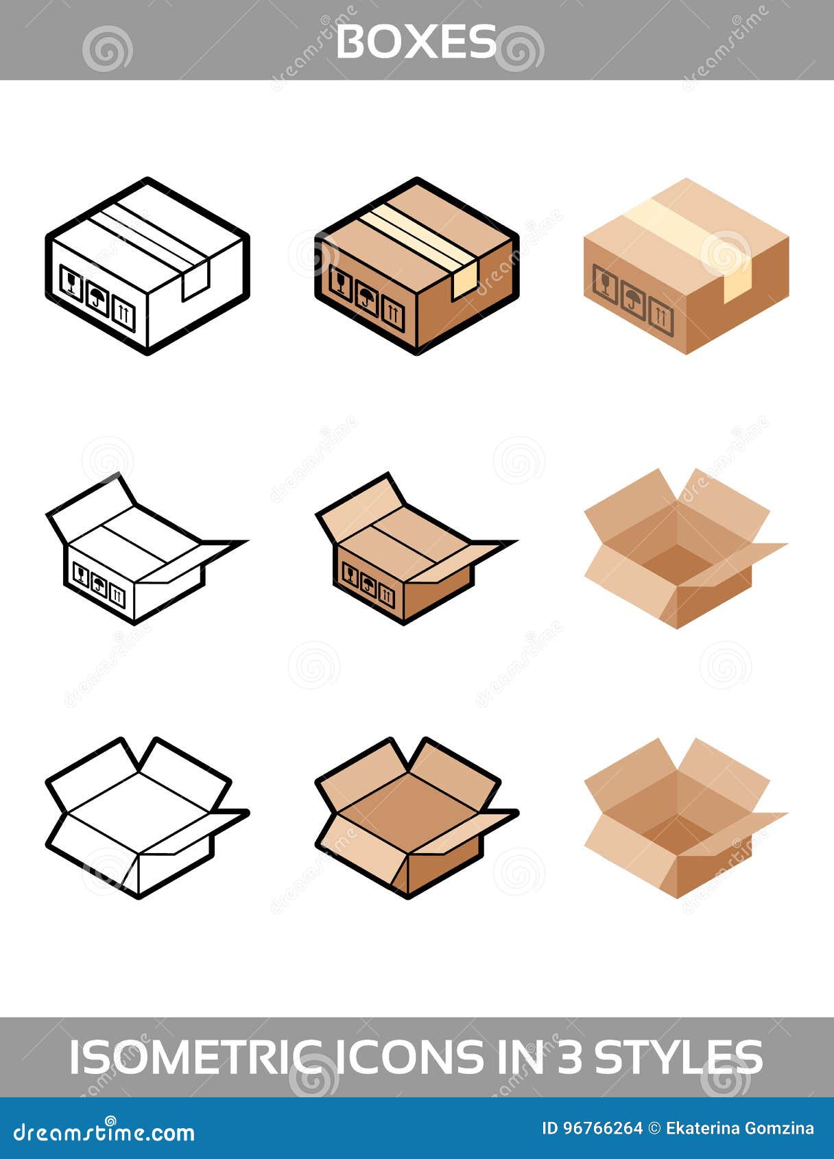 Isometric Carton Packaging Boxes Set in Three Styles with Postal Signs ...