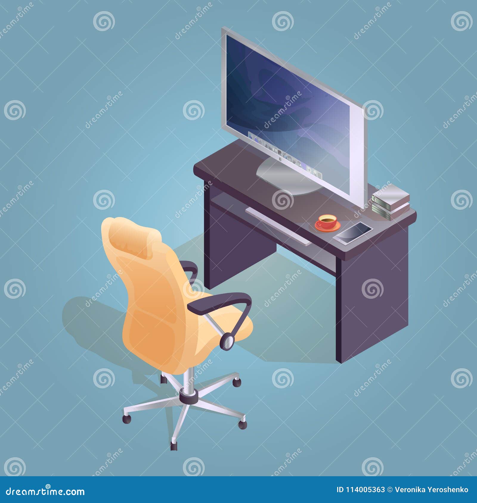Isometric Cartoon Armchair, Computer and Table Icon. Stock Vector ...