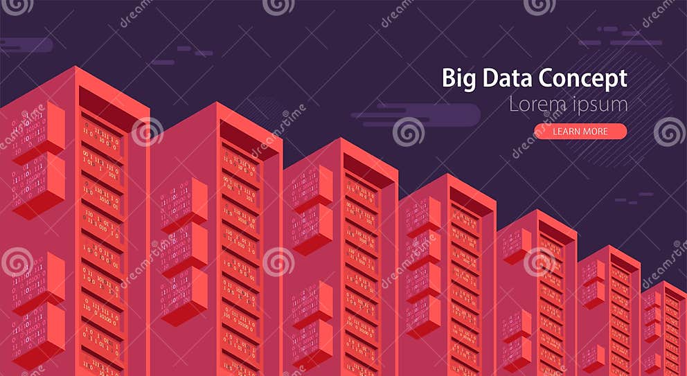 Isometric Cartoon Technology Background. Big Data Concept. Binary ...