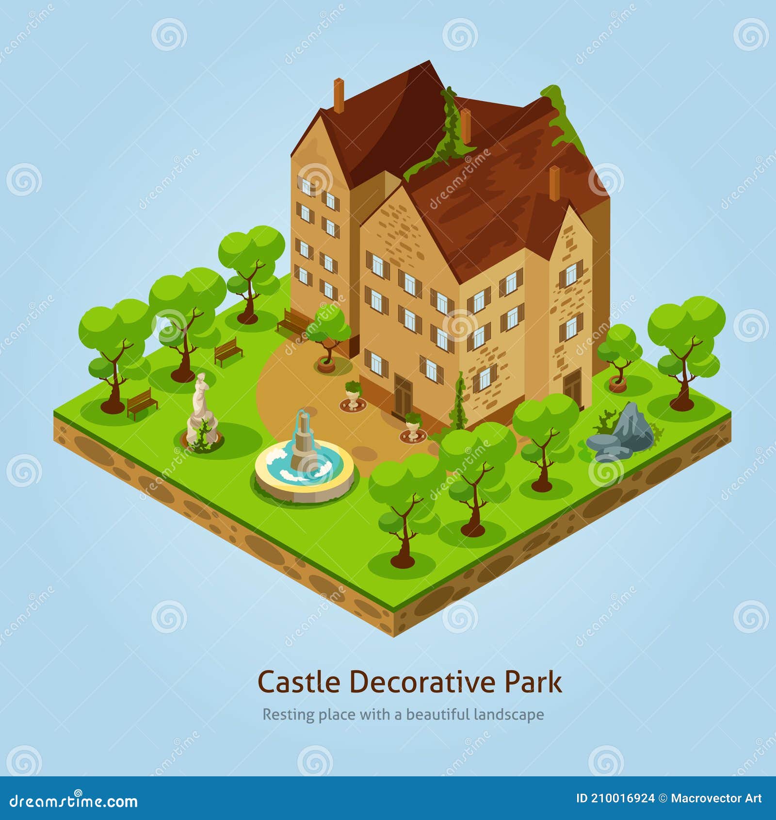Isometric Castle Landscape Design Concept Stock Vector - Illustration ...
