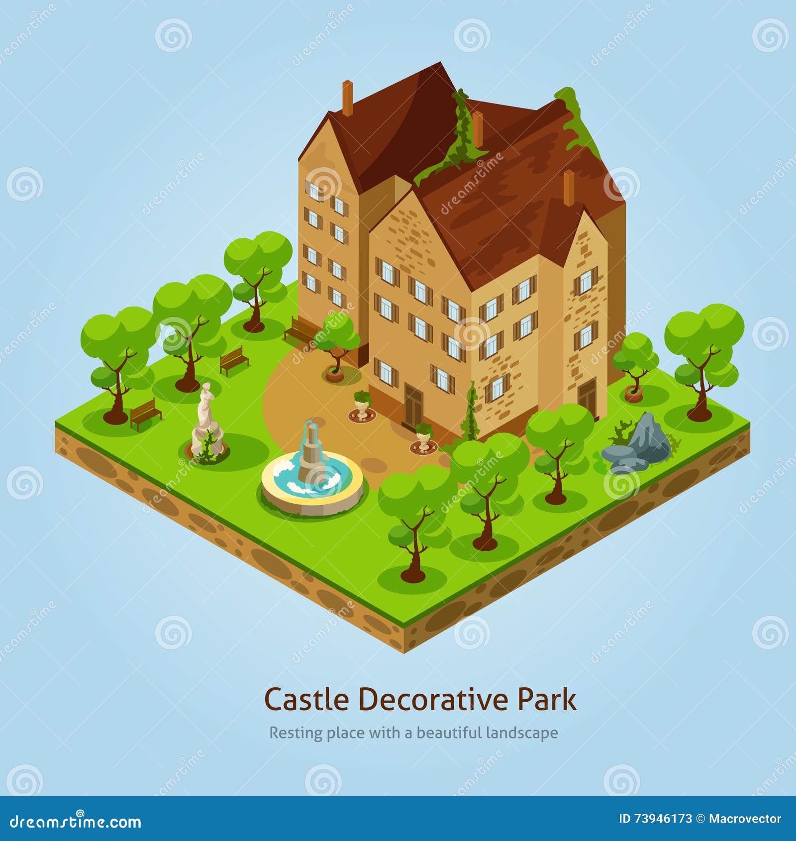 Isometric Castle Landscape Design Concept Stock Vector - Illustration ...