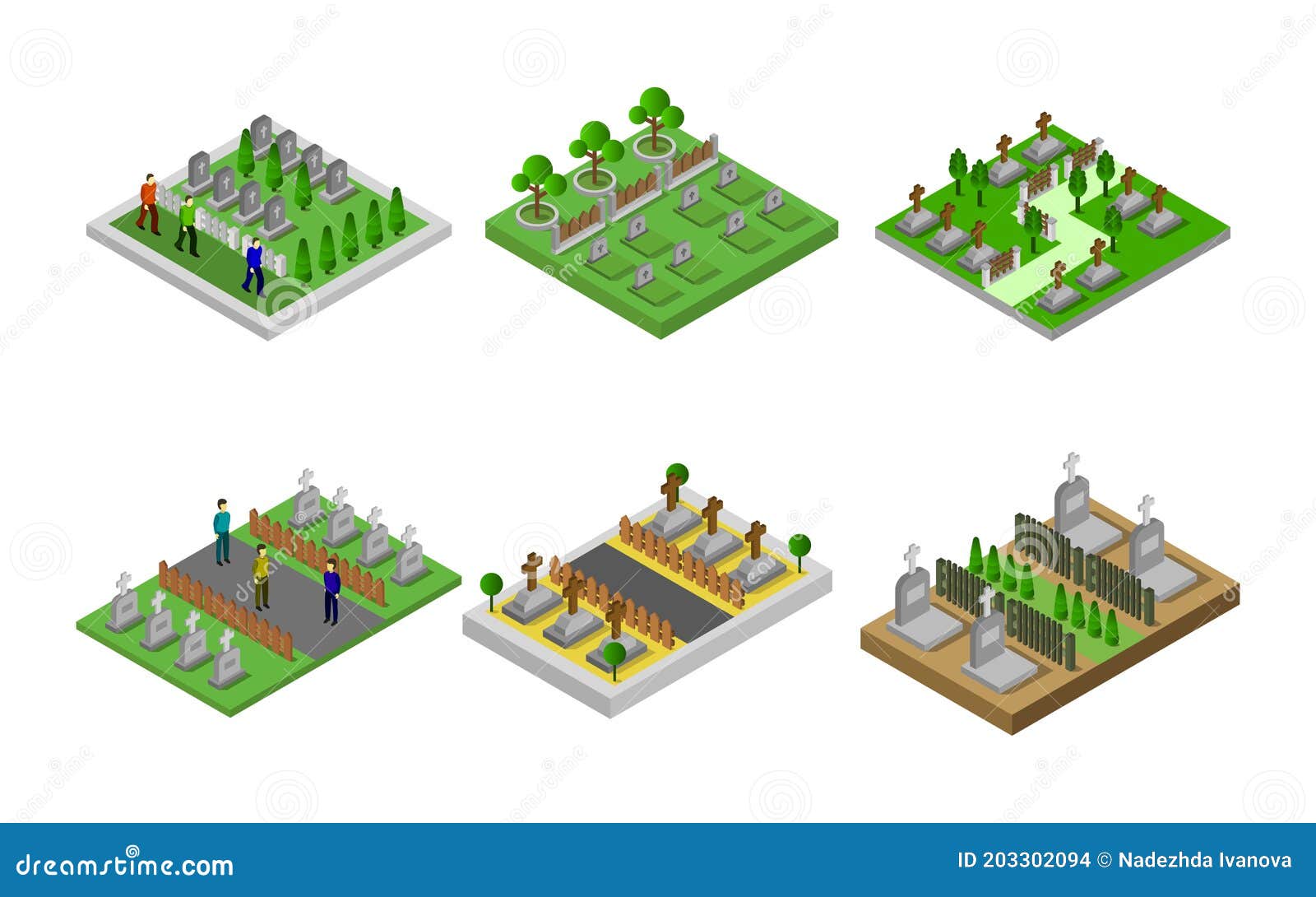 Isometric Cemetery Set on White Background Vector Illustration Stock ...