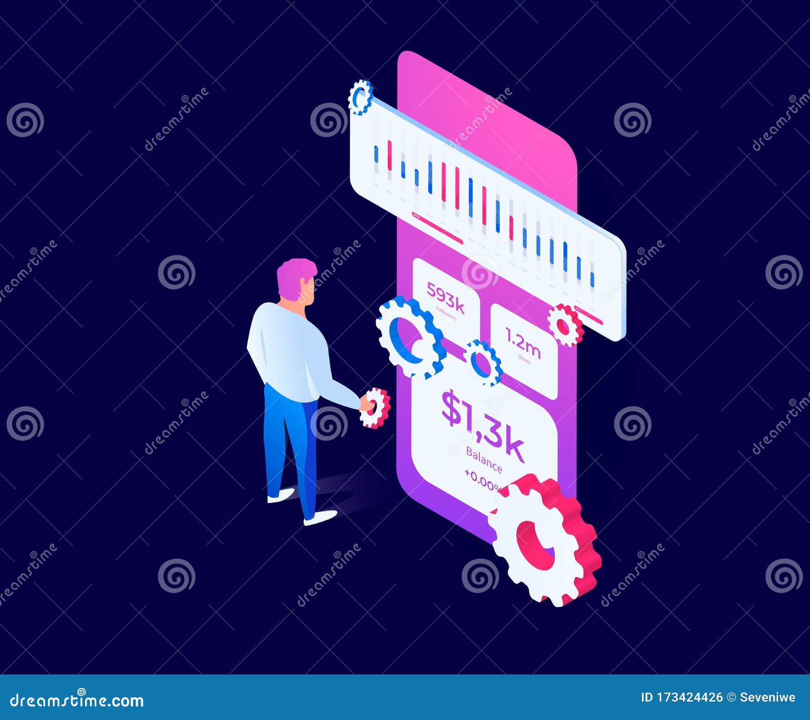 Isometric Character Like A Ui Designer Or Programmer Creating Structure Of Information Blocks In