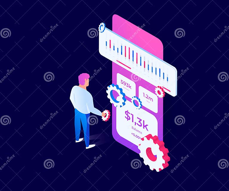 Isometric Character Like A Ui Designer Or Programmer Creating Structure Of Information Blocks In