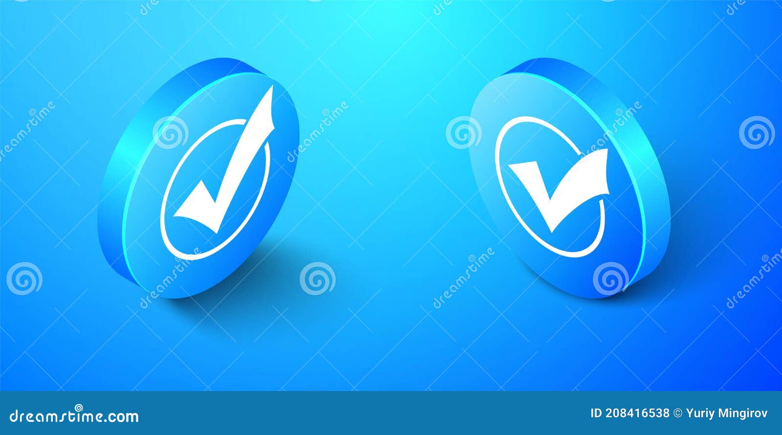 Isometric Check Mark in Round Icon Isolated on Blue Background. Check ...
