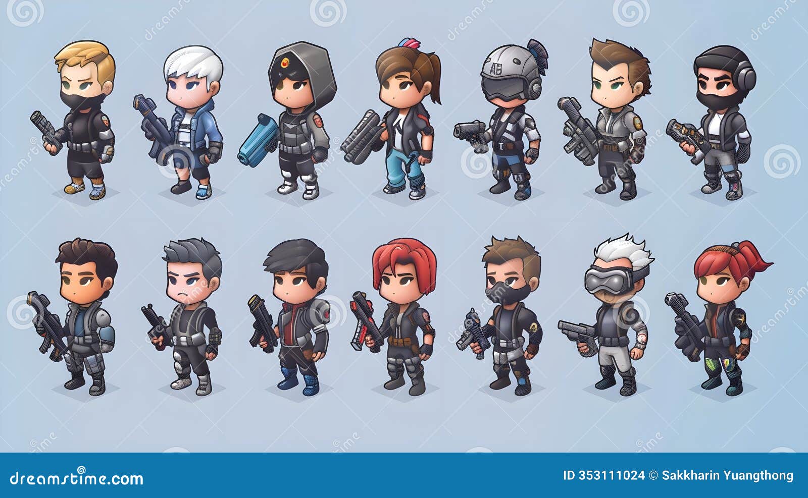 Isometric Chibi Characters in Action Poses Stock Illustration ...