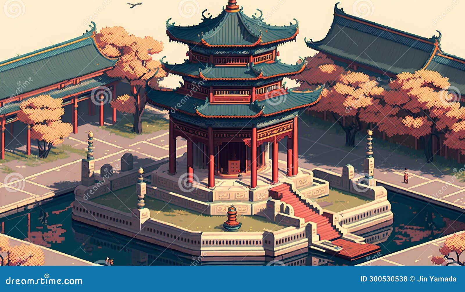 Isometric Chinese Temple in the Park. Vector Illustration in Retro ...