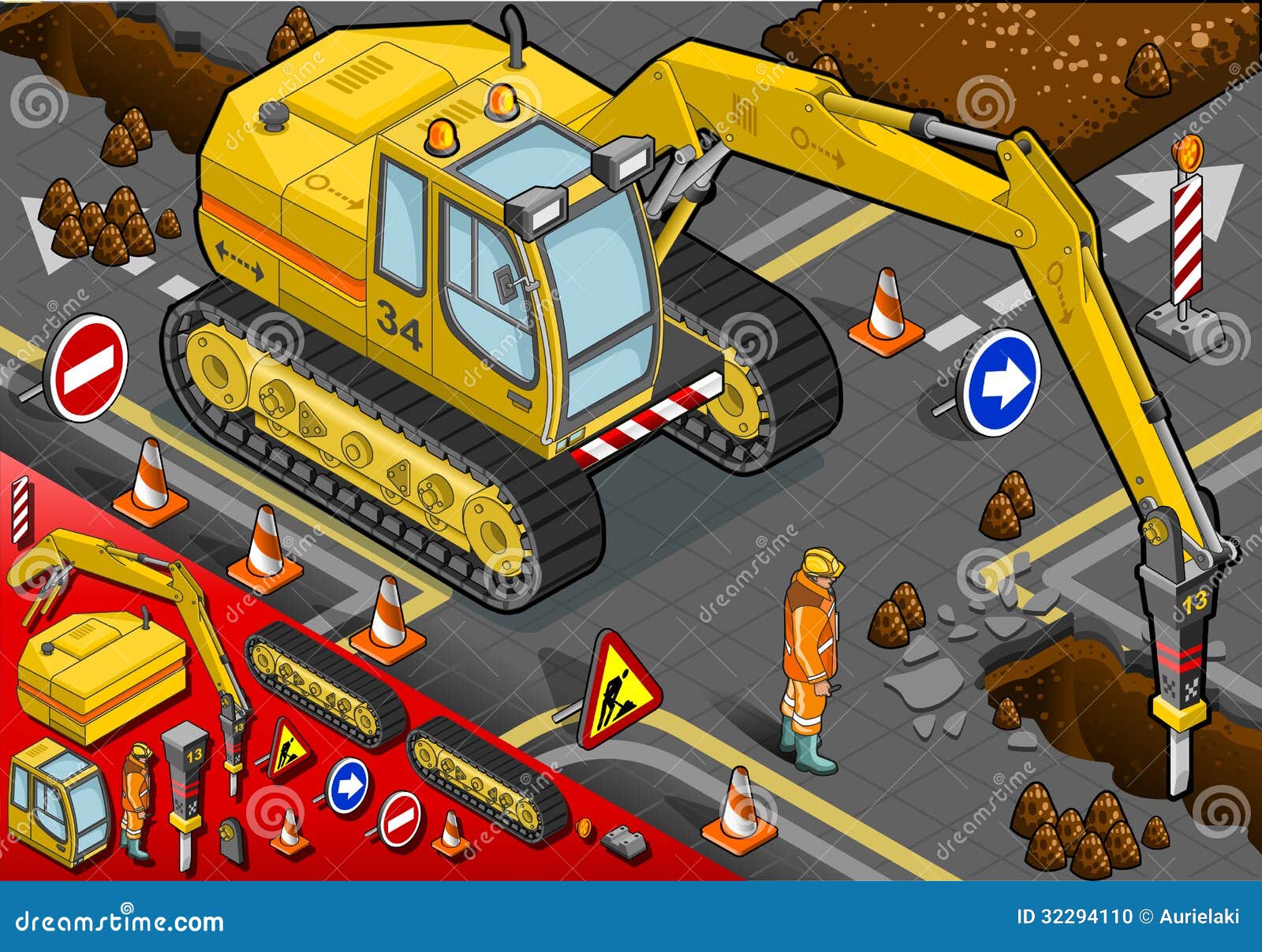 Isometric Chisel Excavator in Front View Stock Vector - Illustration of ...