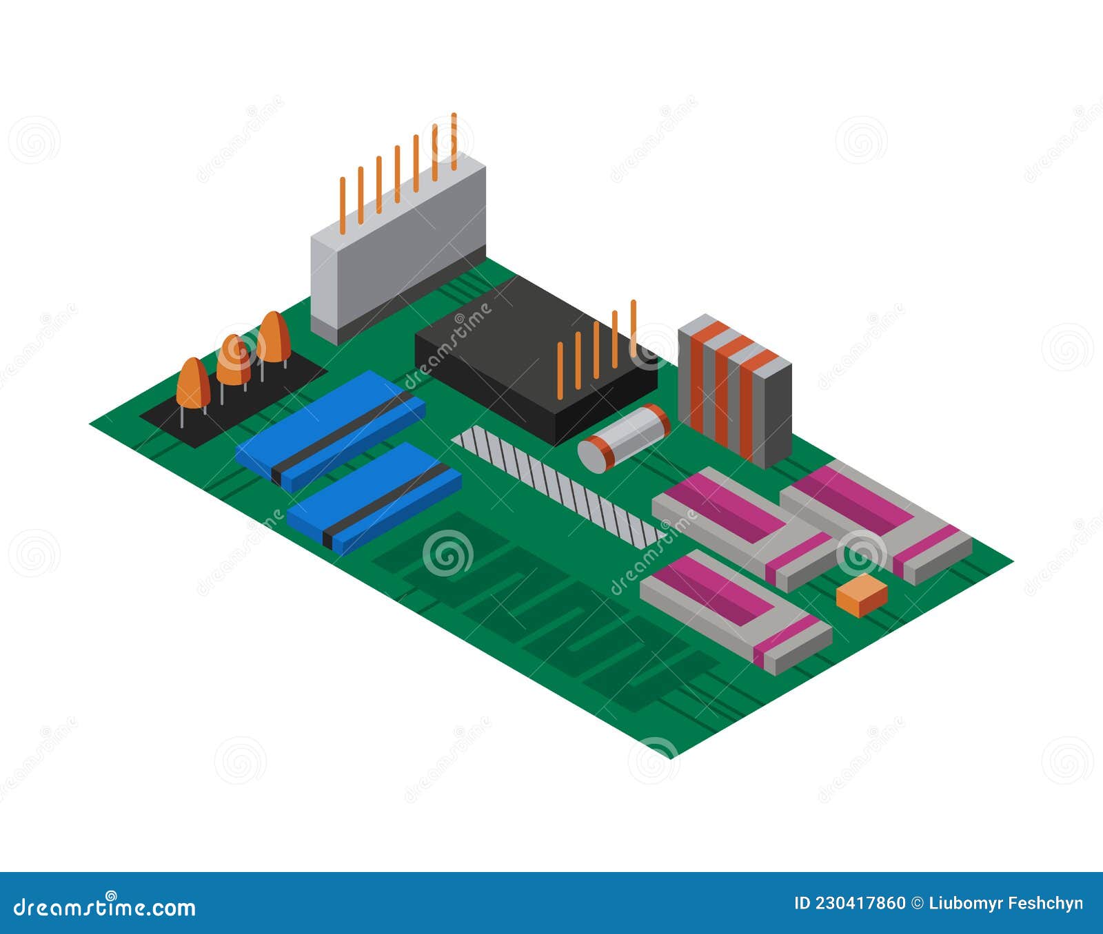 Isometric Circuit Board with Electronic Components. Computer Chip ...
