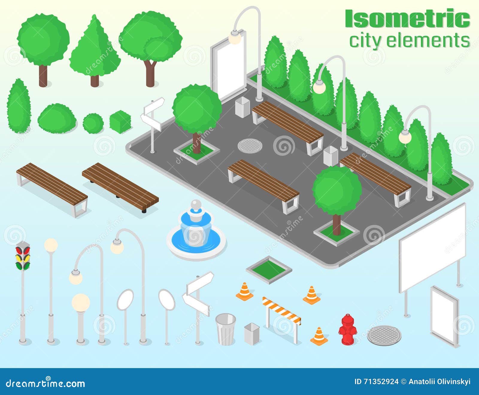 Isometric City Elements Set. Stock Vector - Illustration of bench, cone ...