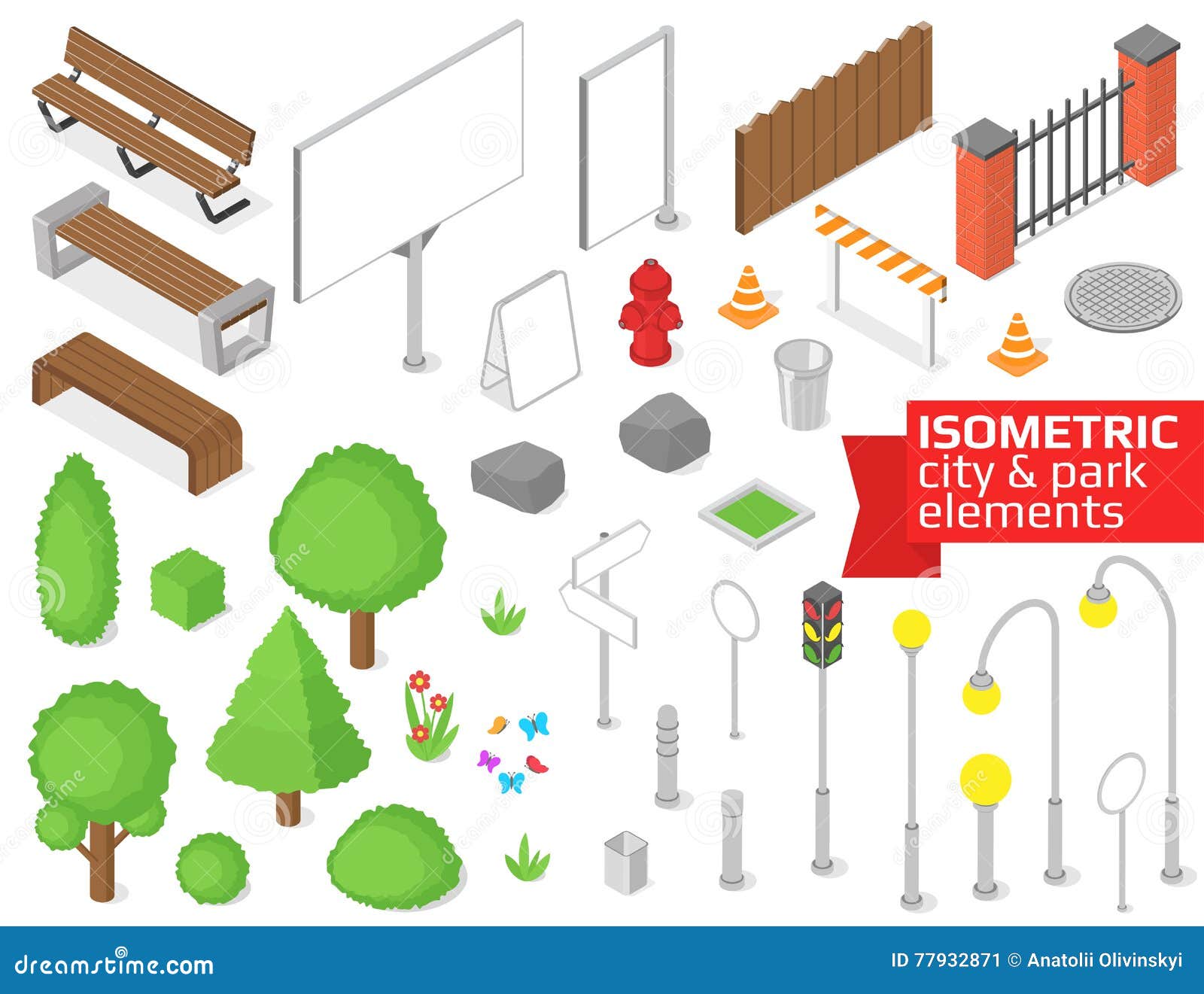 Isometric City and Park Elements Set. Stock Vector - Illustration of ...