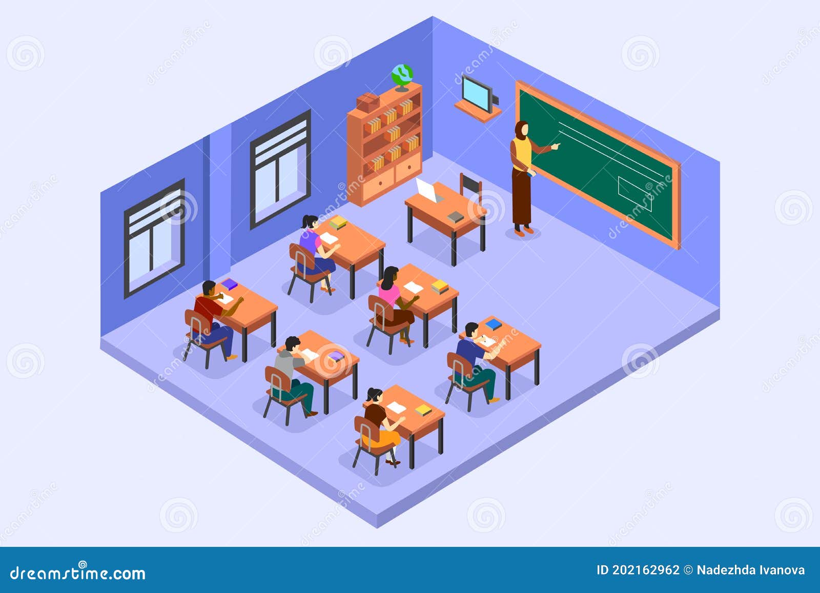 Isometric Classroom Illustration with Teacher and Students Vector ...