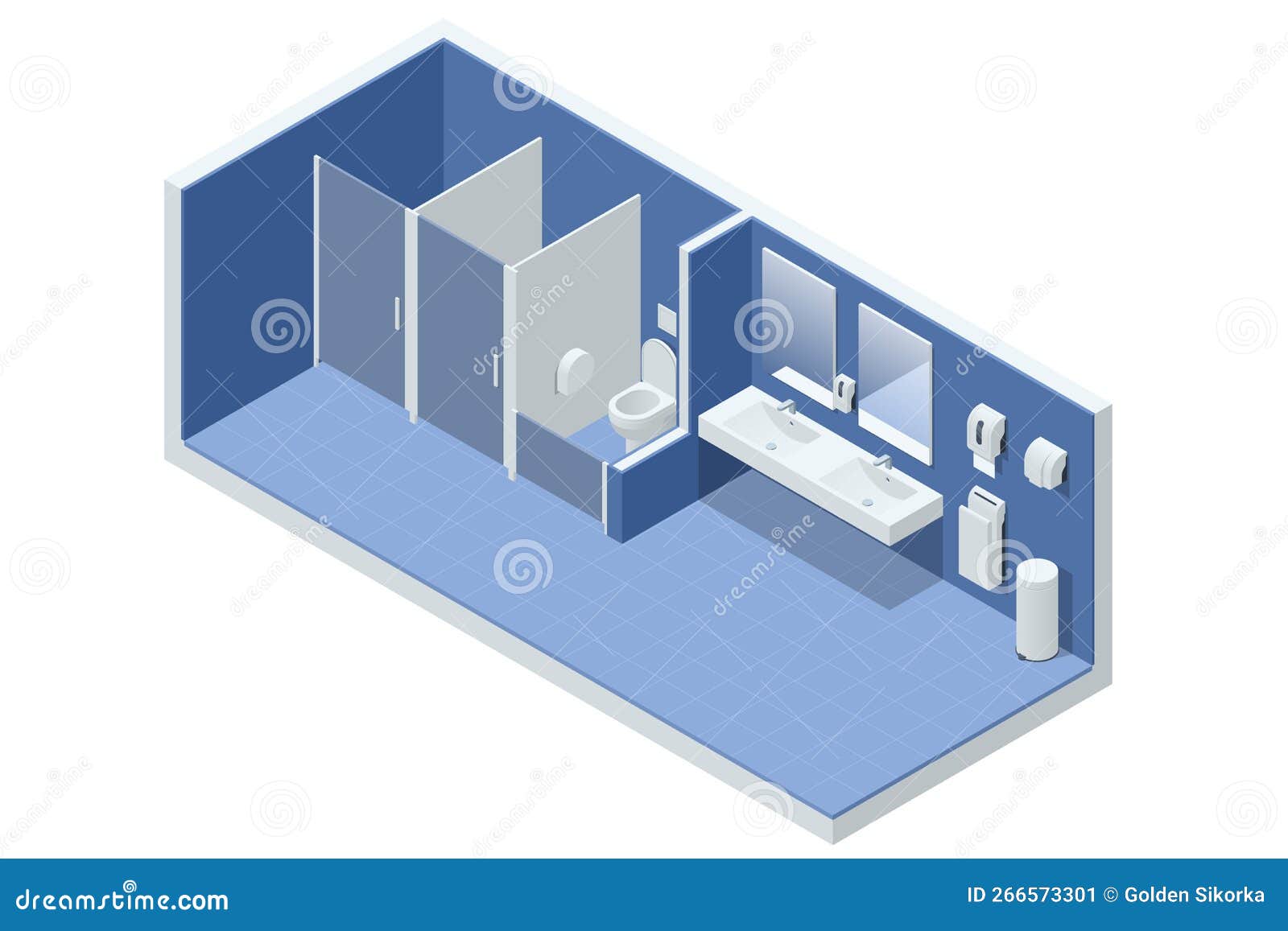 Isometric Clean Public Restroom Interior. Restroom With Cubicles And ...