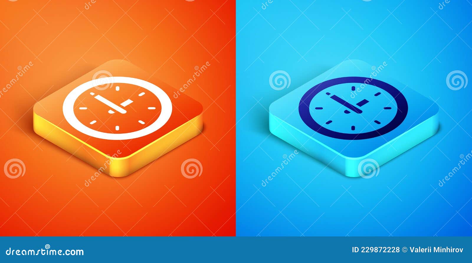 Isometric Clock Icon Isolated on Orange and Blue Background. Time ...