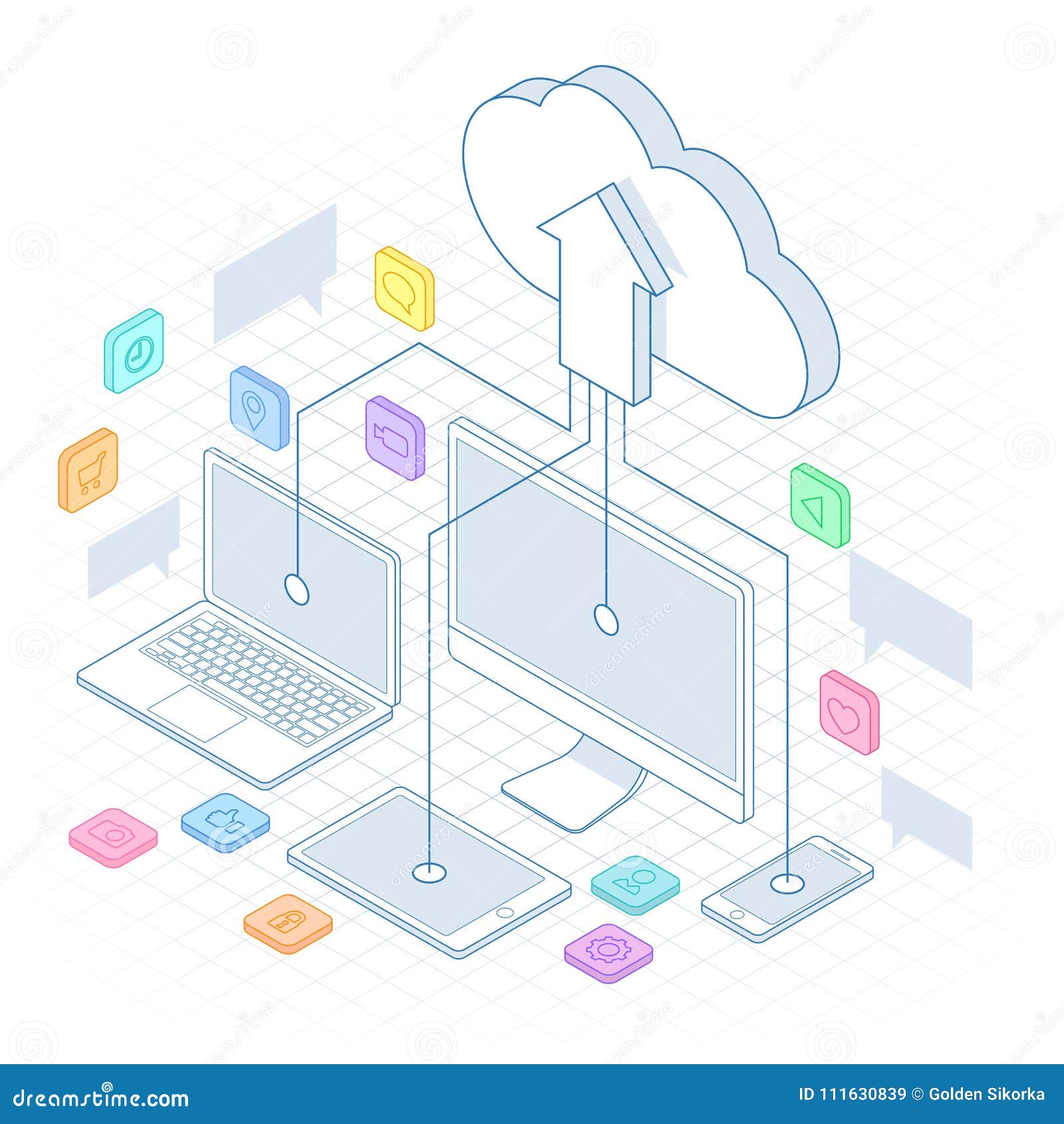 Isometric Cloud Computing Concept In Outline Isolated On White Cloud