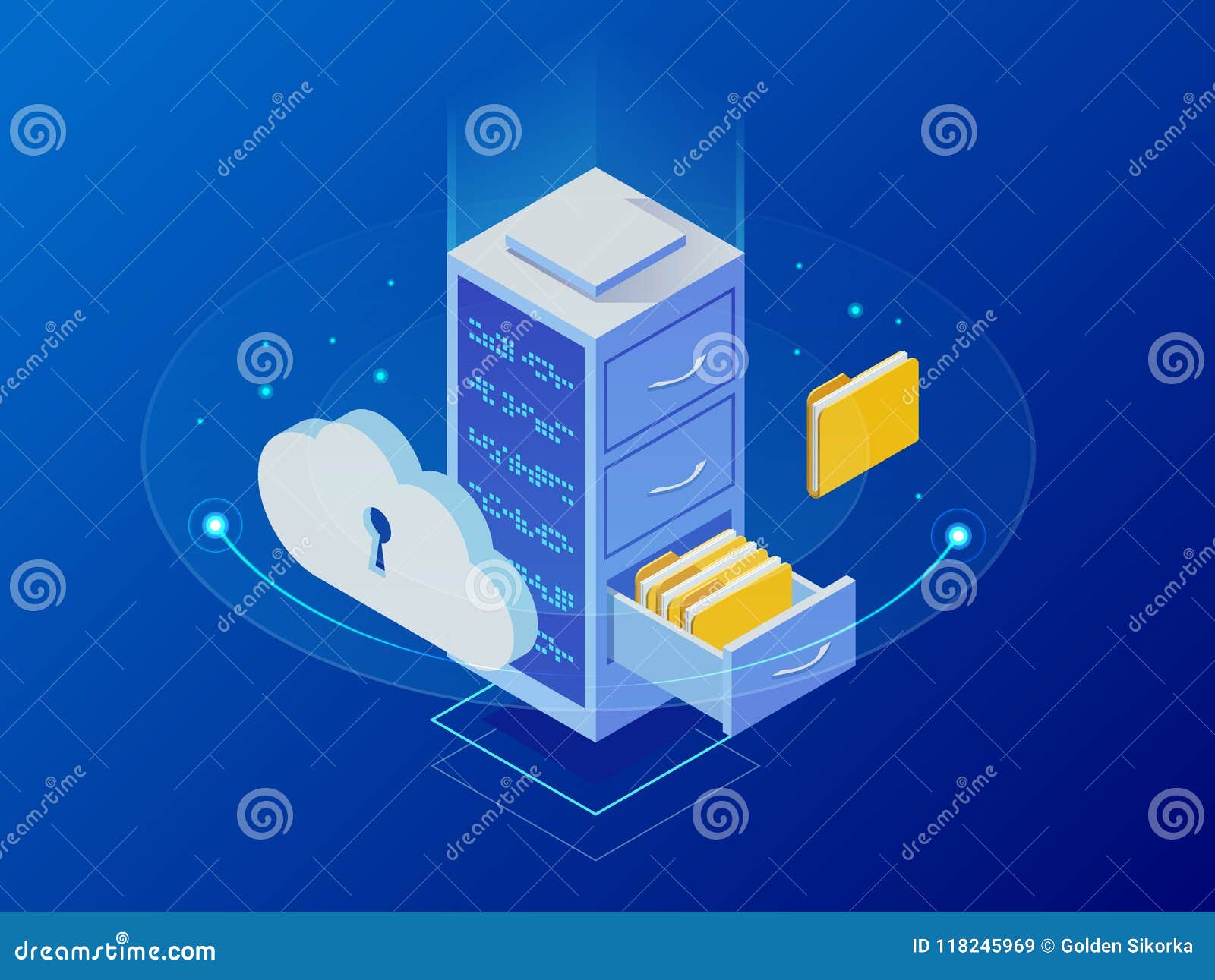 Isometric Cloud Computing Concept Represented by a Server, with a Cloud Representation Hologram ...