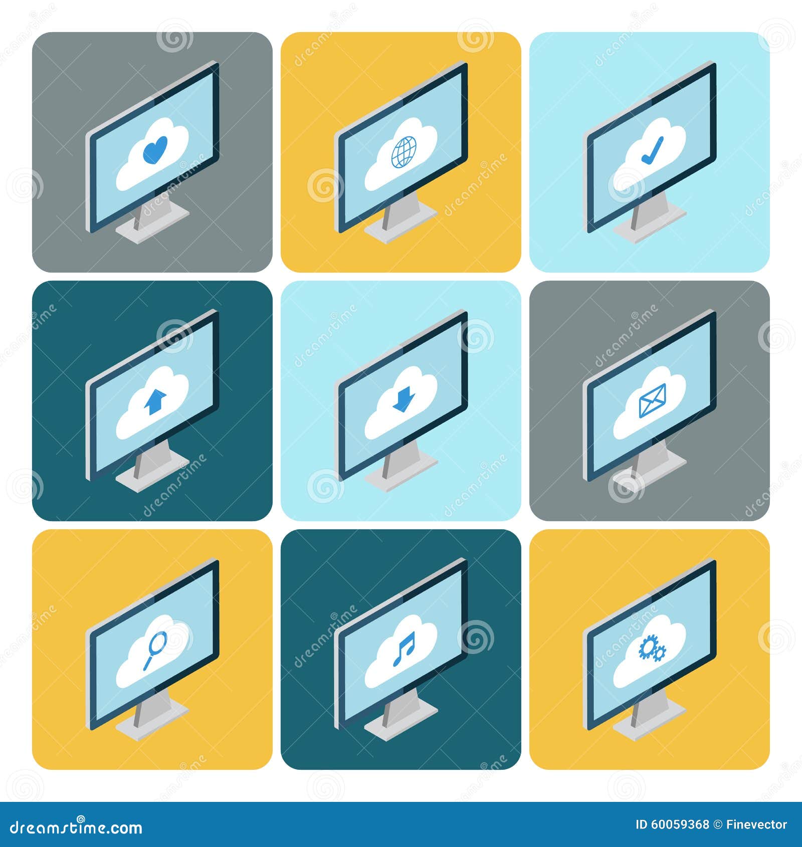Isometric Cloud Computing Concept. Set of Desktop Computers with Cloud ...