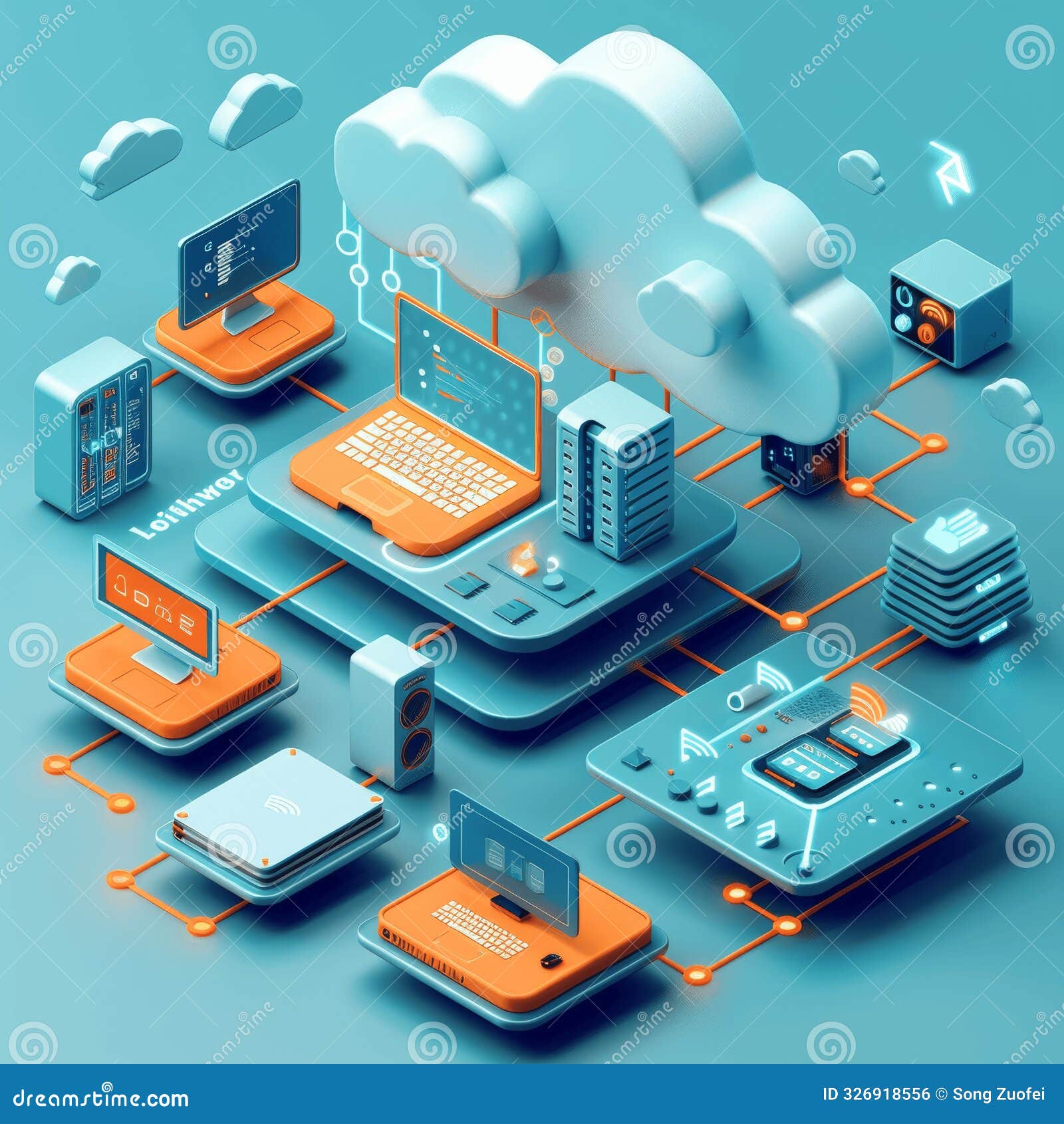 Isometric Cloud Computing Illustration with Data Center and Computers - Orange on Blue ...