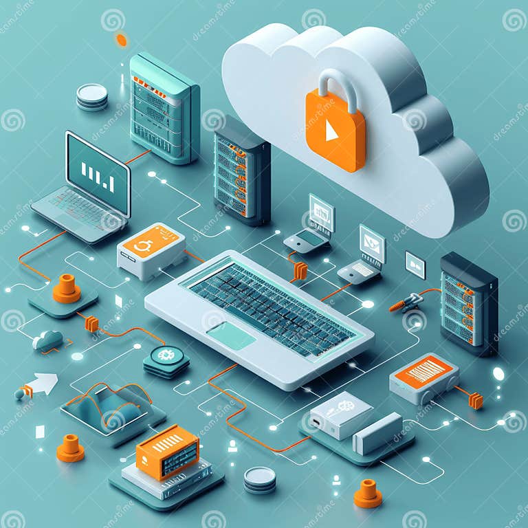Isometric Cloud Computing Illustration with Orange and Blue Color ...