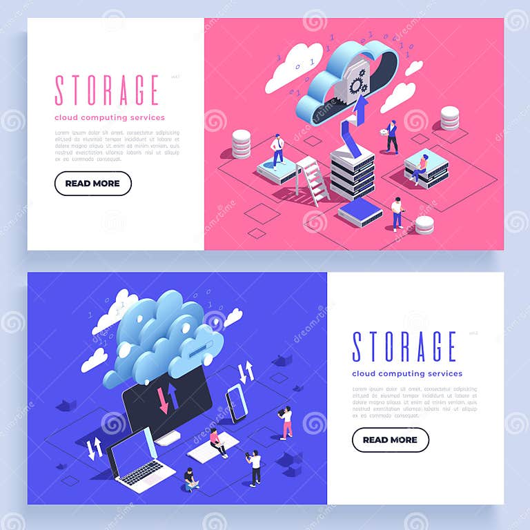 Isometric Cloud Computing Services Banner Template Set Stock ...
