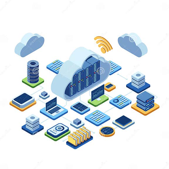 Isometric Cloud Computing Technology with Data Network Stock Illustration - Illustration of ...