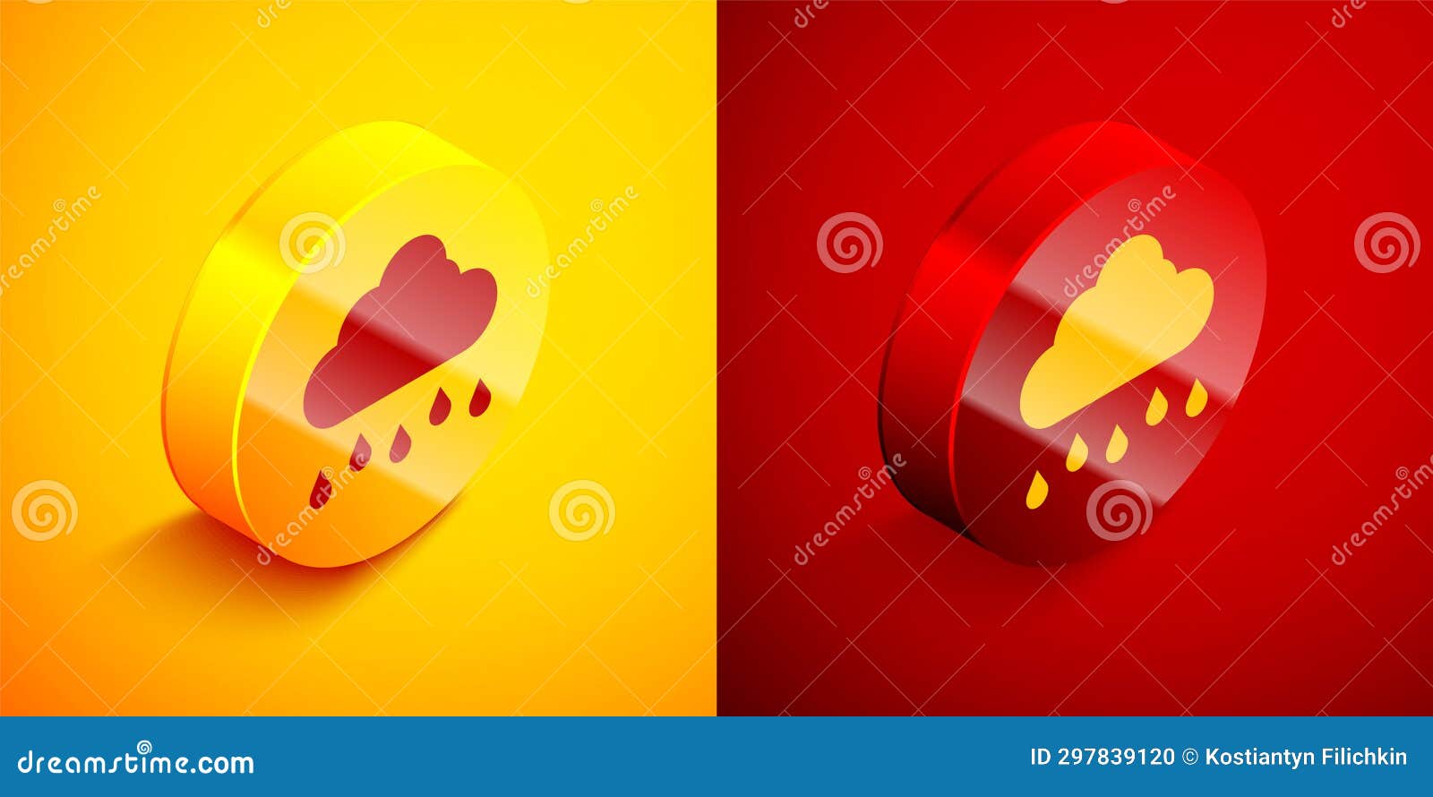 Isometric Cloud with Rain Icon Isolated on Orange and Red Background ...