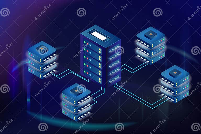 Isometric Cloud Server Isolated on Blue. Datacenter Storage Objects ...