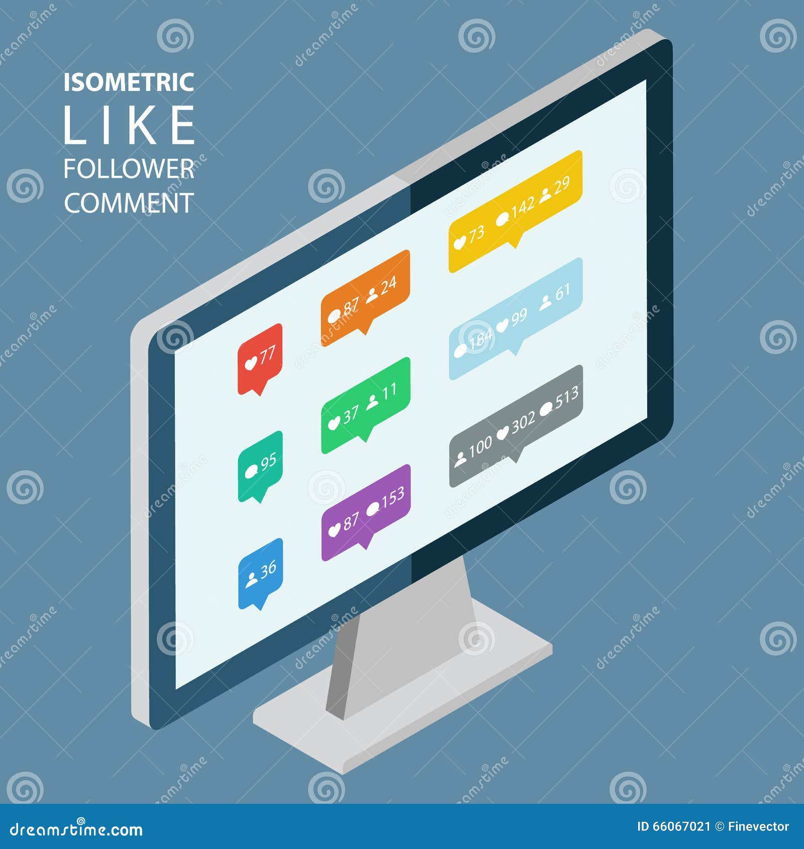 Isometric Color Like, Follower, Comment Icons. Isometric Desktop ...