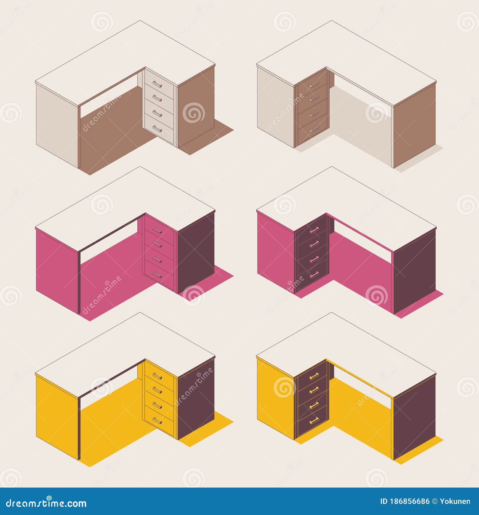 Isometric Colorful Outline Desk with Drawer for Office and Working on ...