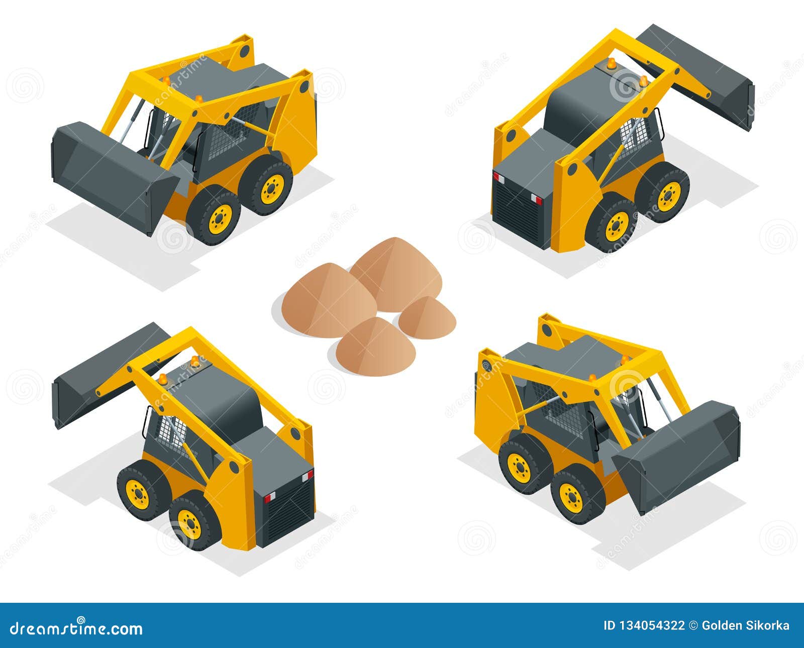 Isometric Compact Excavators. Yellow Skid Steer Loader. Cartoon Vector ...