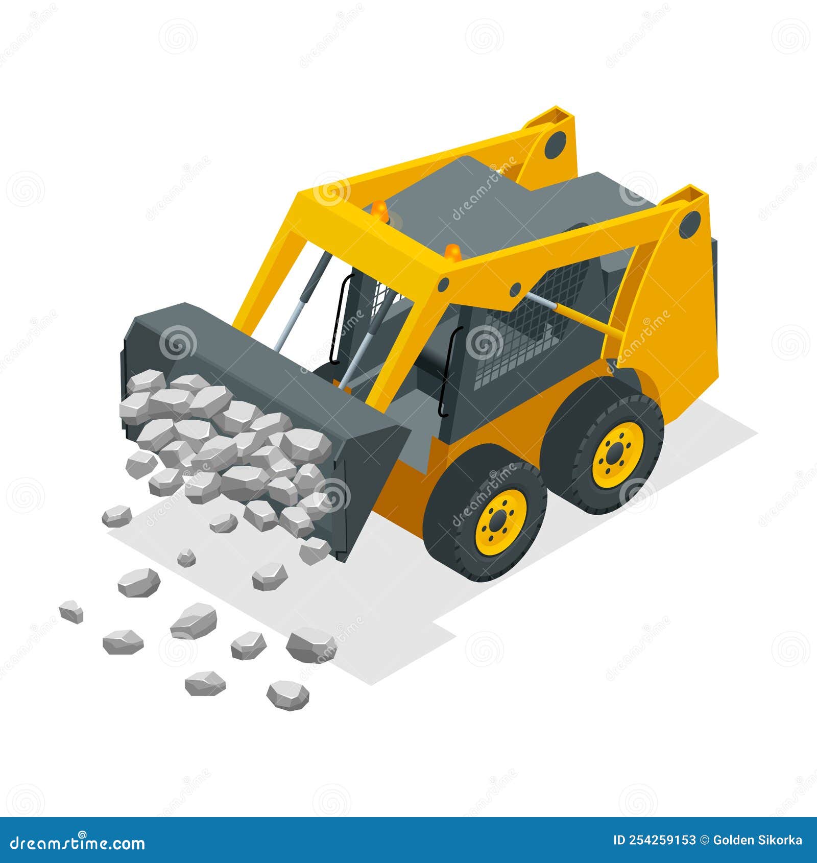 Isometric Compact Excavators. Yellow Skid Steer Loader. Cartoon Vector ...
