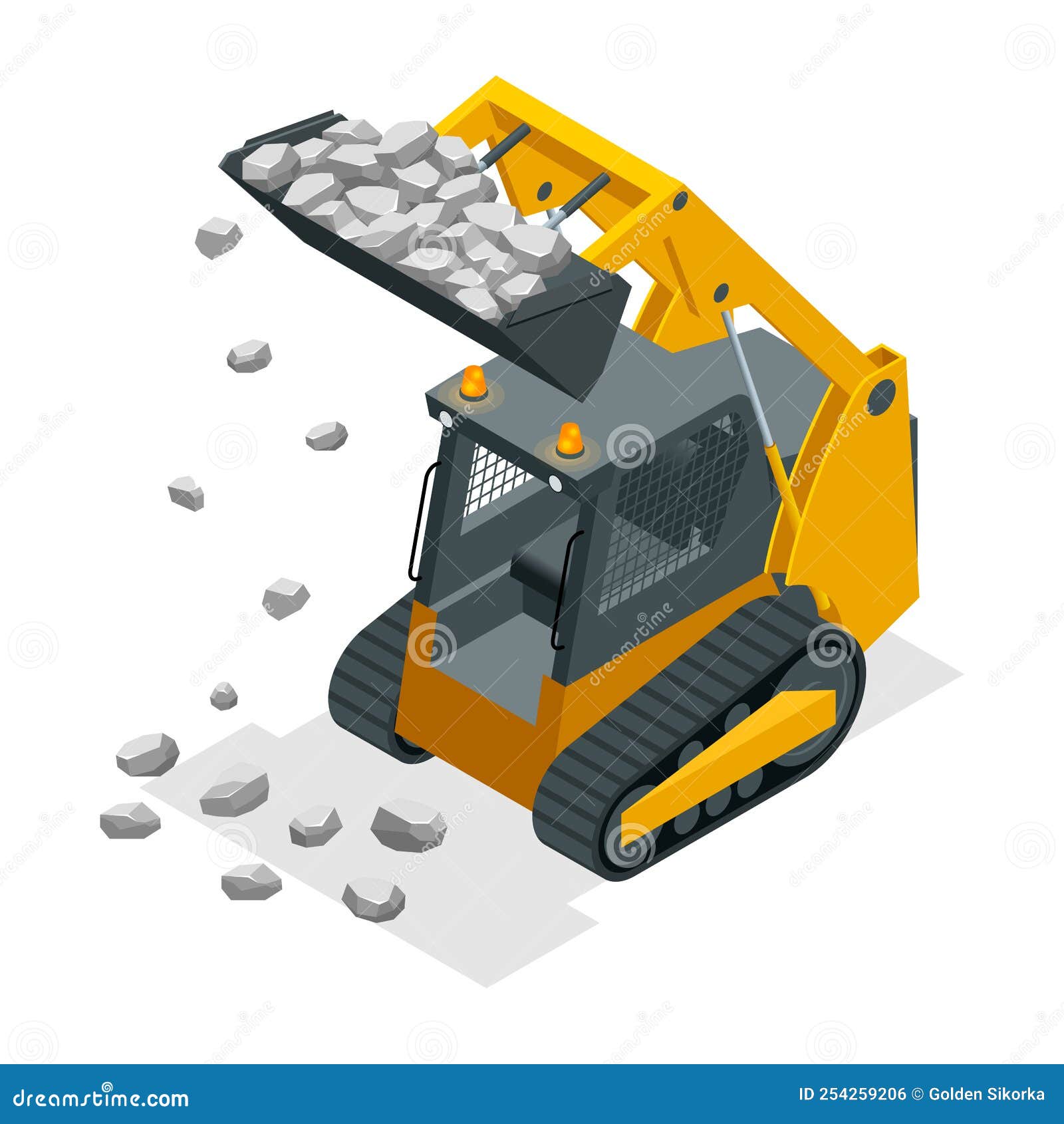 Isometric Compact Excavators. Yellow Skid Steer Loader. Cartoon Vector ...
