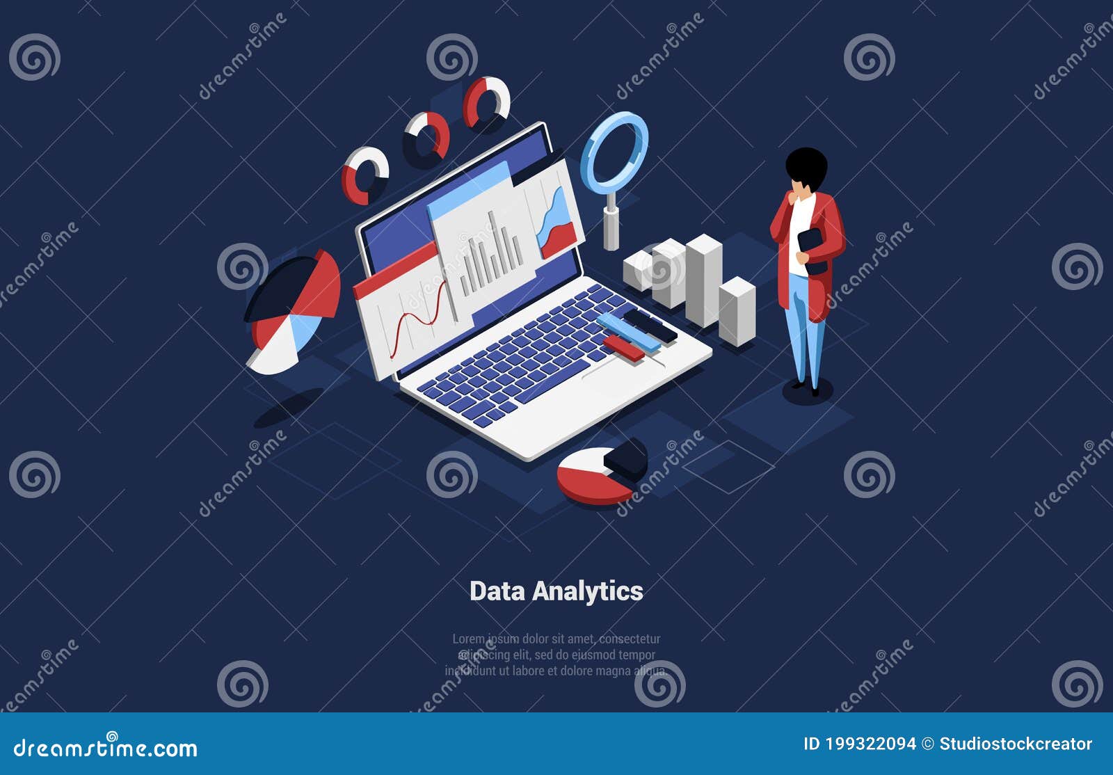 Isometric Composition of Laptop with Charts and Schemes. Data Analytics Concept Art with Big ...