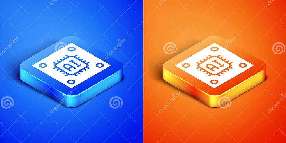 Isometric Computer Processor with Microcircuits CPU Icon Isolated on Blue and Orange Background ...