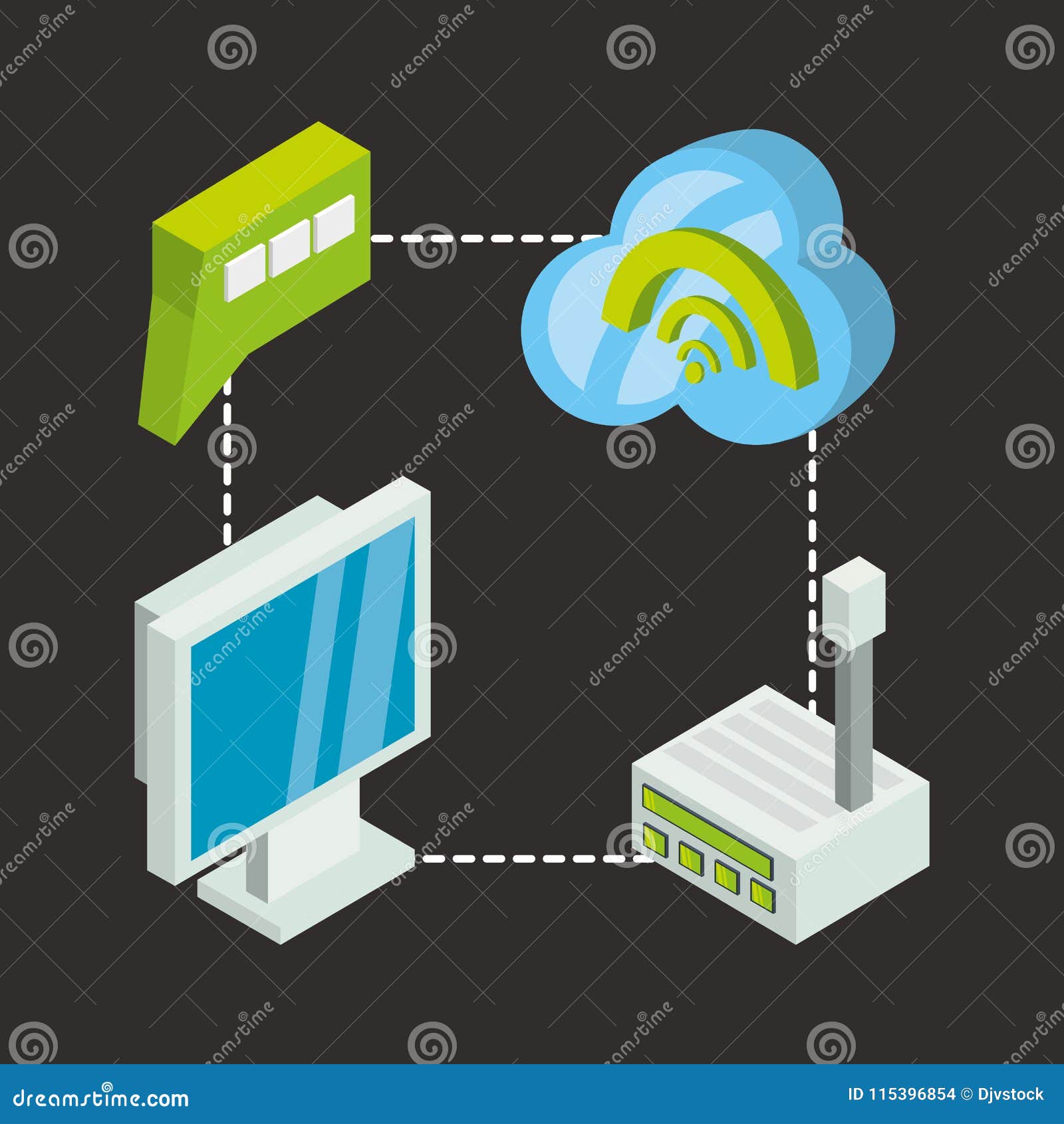 Isometric Computer with Router Wifi Connect Stock Vector - Illustration ...