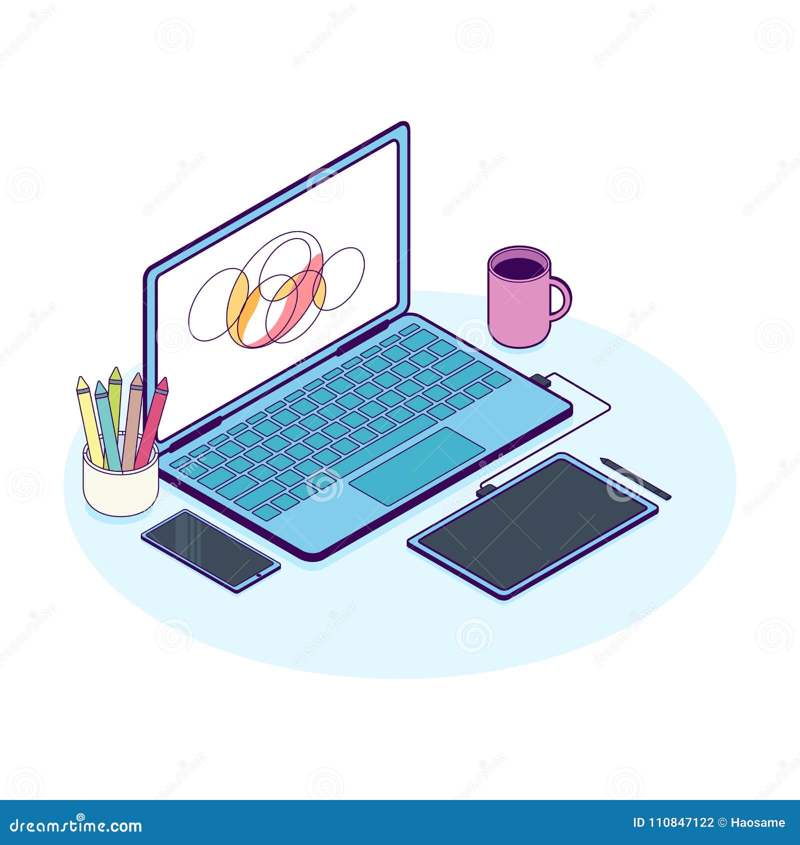 Isometric Concept of Designer Workplace with Computer and Graphics ...