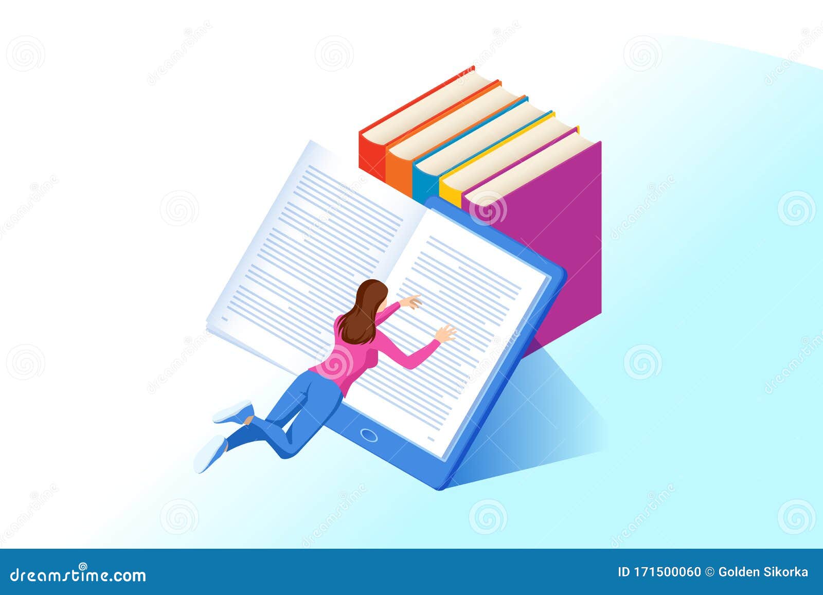 Isometric Concept for Digital Reading, E-classroom Textbook, Modern ...