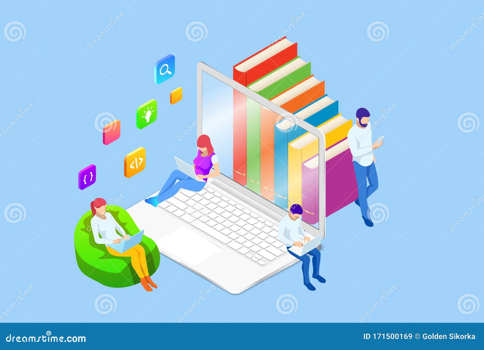 Isometric Concept for Digital Reading, E-classroom Textbook, Modern ...