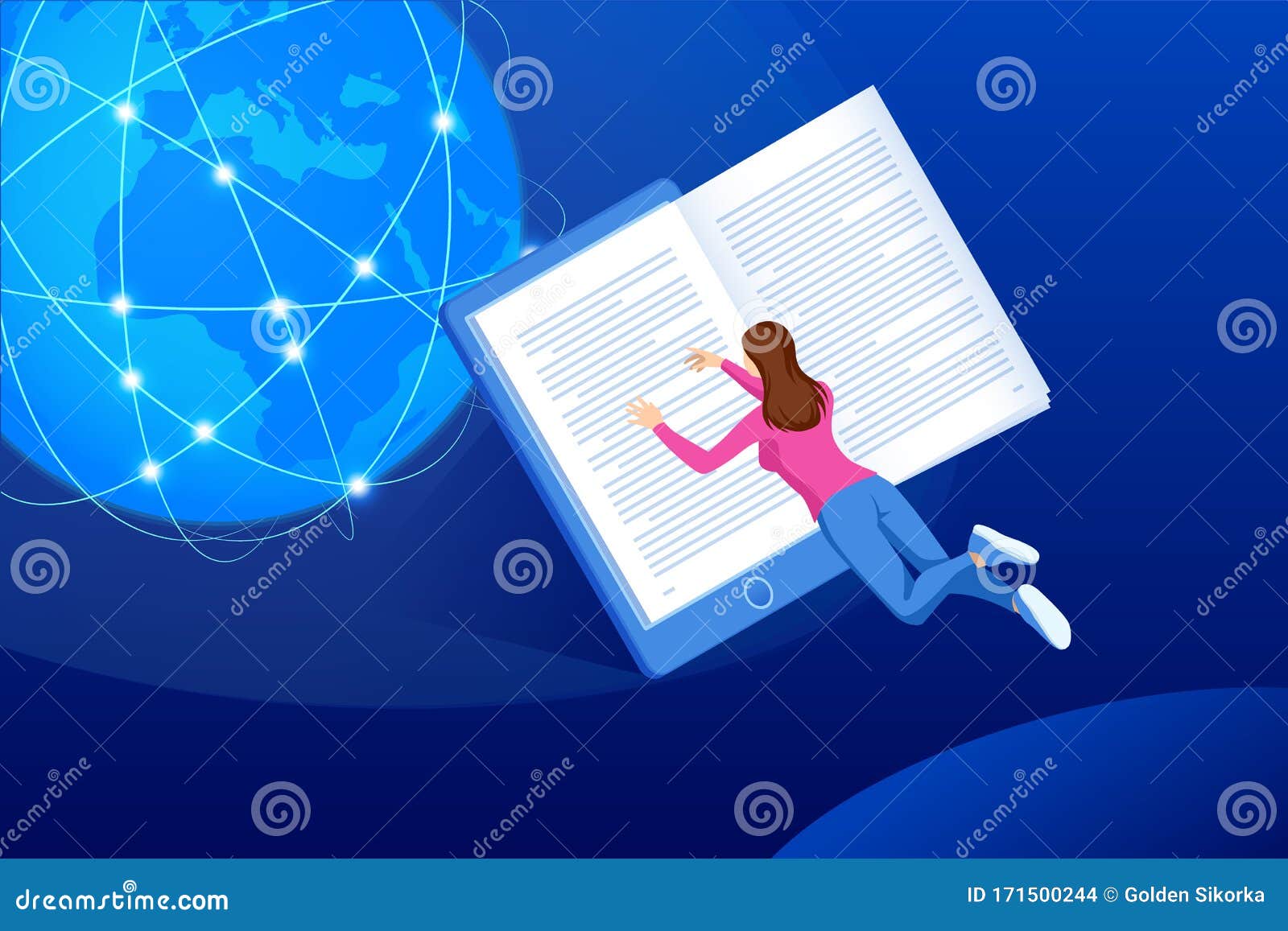 Isometric Concept for Digital Reading, E-classroom Textbook, Modern ...