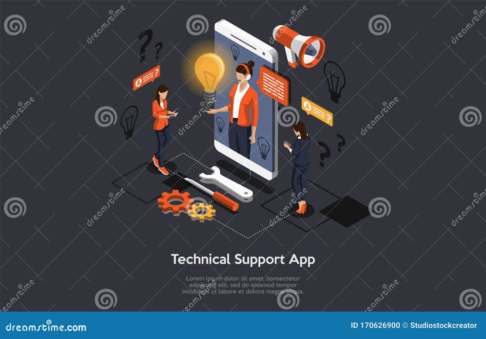 Isometric Concept of Mobile Application Technical Support. People are ...