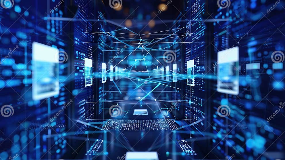 Isometric Concept of Quantum Computers, Blockchain, it Technology or Coding. Information Blocks ...