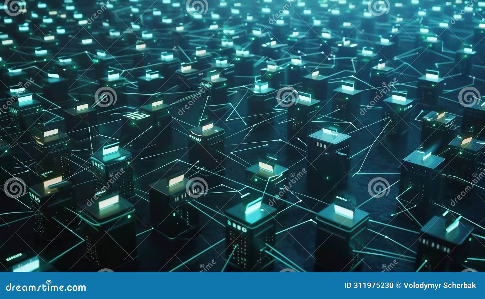 Isometric Concept of Quantum Computers, Blockchain, it Technology or Coding. Information Blocks ...