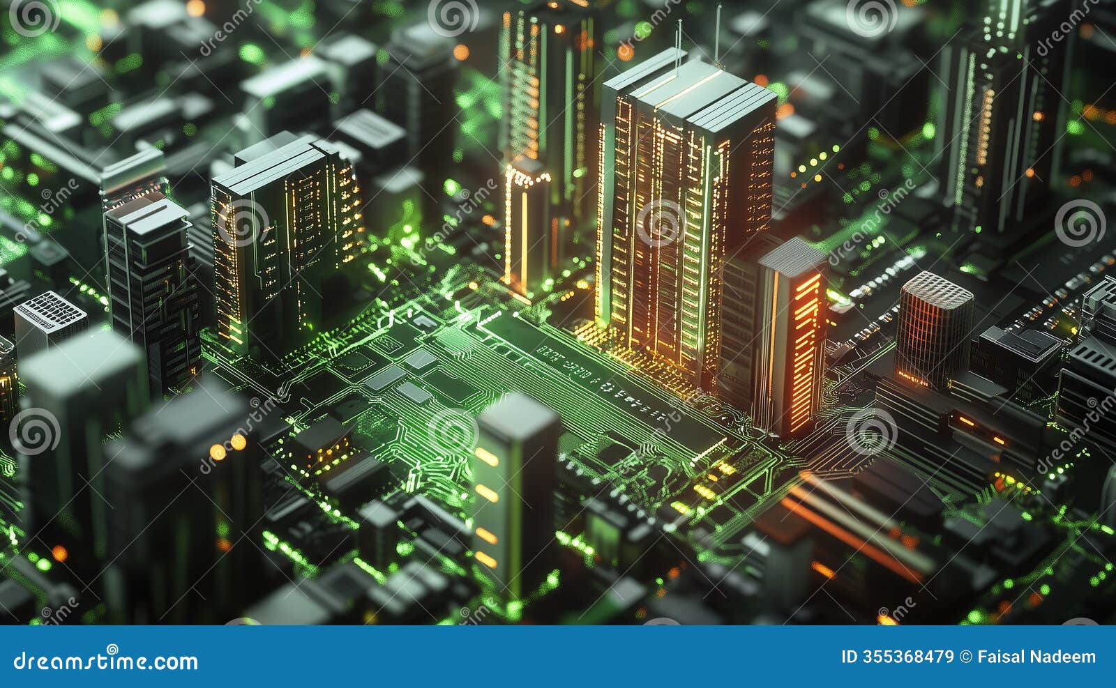 Futuristic Cityscape on Circuit Board Digital Art Green Orange ...