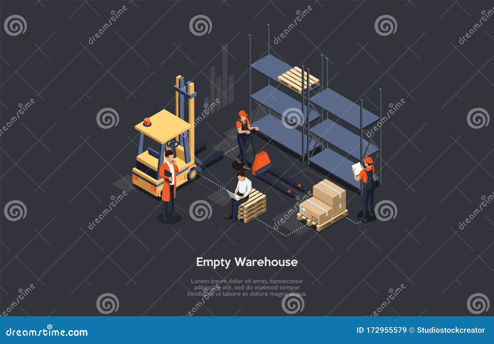 Isometric Concept of Warehouse. Work Process in Warehouse. Empty ...