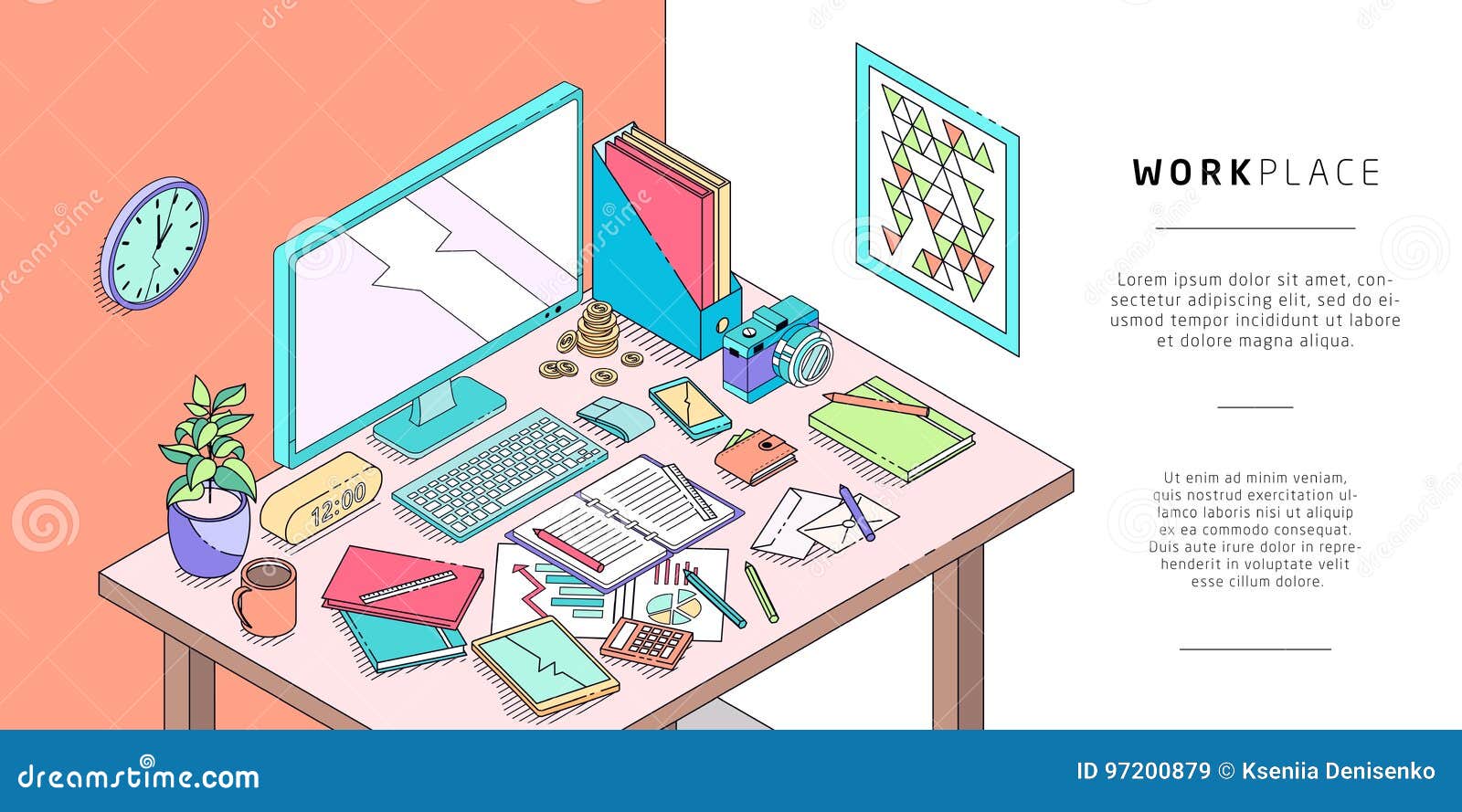 Isometric Concept of Workplace with Computer and Office Equipment ...