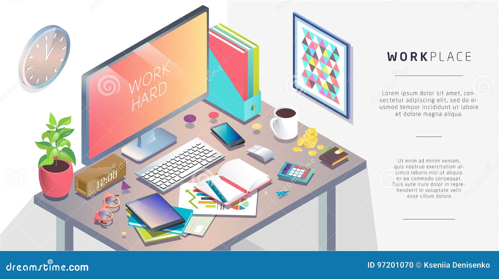 Isometric Concept of Workplace with Computer and Office Equipment ...