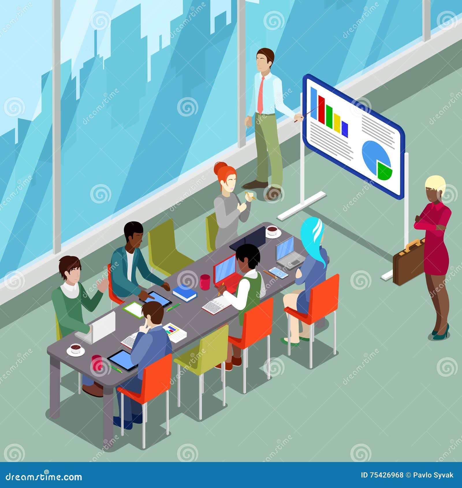Isometric Conference Room Business Presentation with People Stock ...